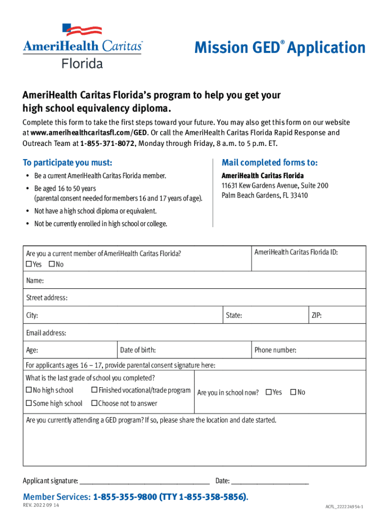 Fillable Online AmeriHealth Caritas Florida - Member - Mission GED Application. Member - Mission ...