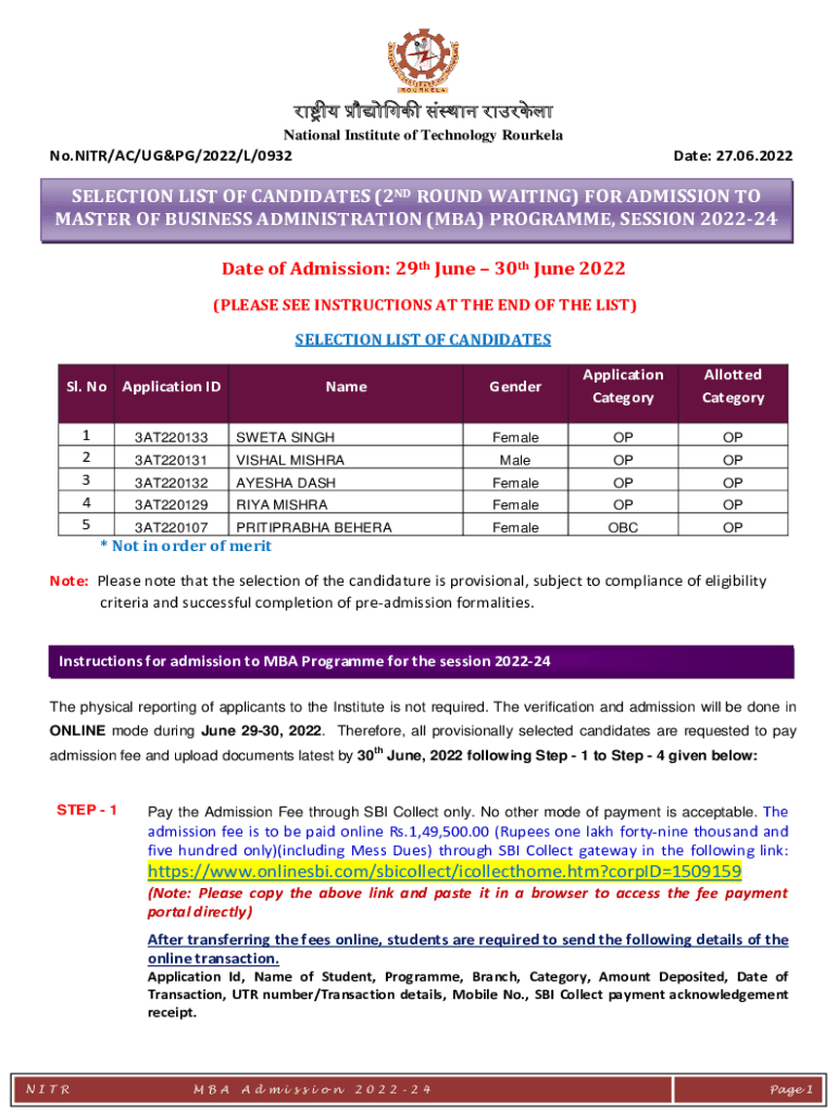 Fillable Online NIT Rourkela: Cutoff, Placement, Rankings, Admission, Fees ... Fax Email Print ...