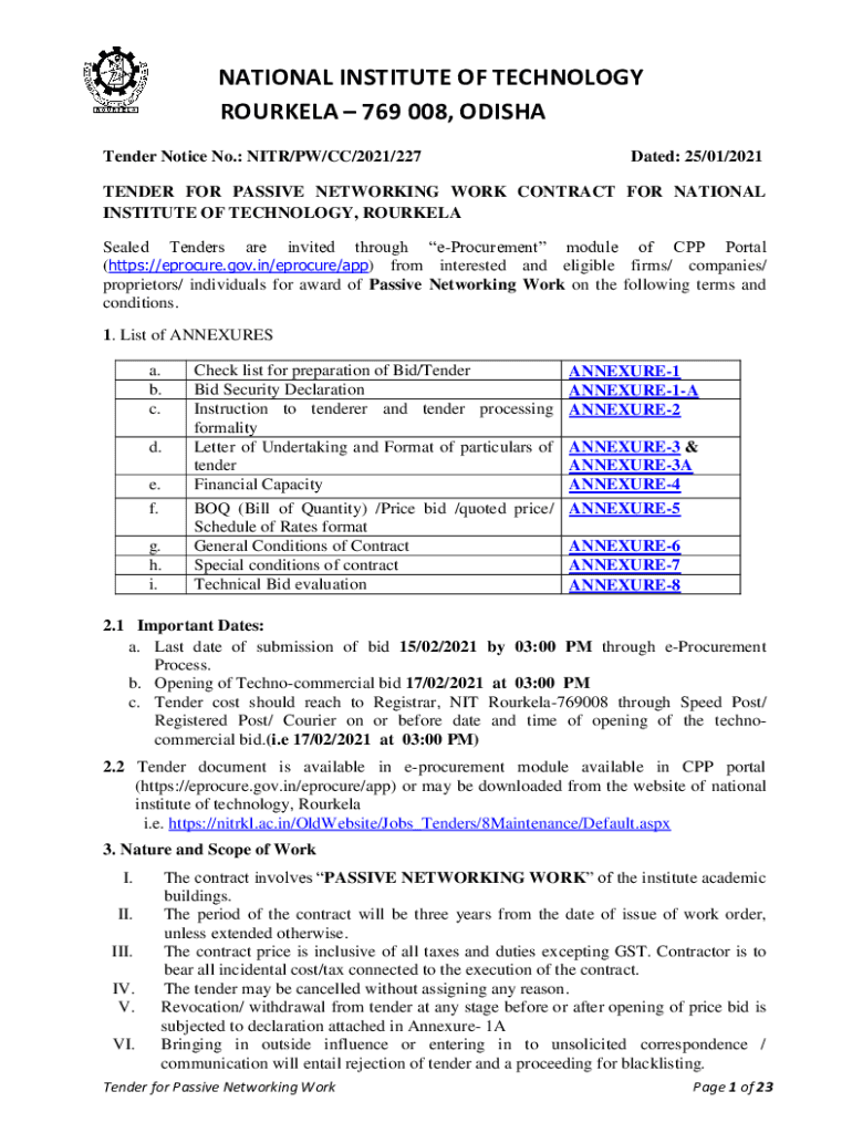 Fillable Online TENDER FOR PASSIVE NETWORKING WORK CONTRACT FOR ...