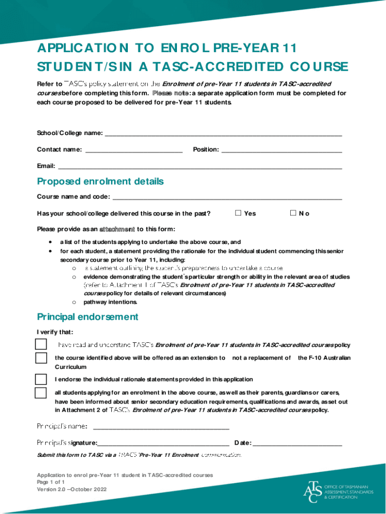 Fillable Online TASC - FORM - Application to enrol Pre-Year 11 students ...
