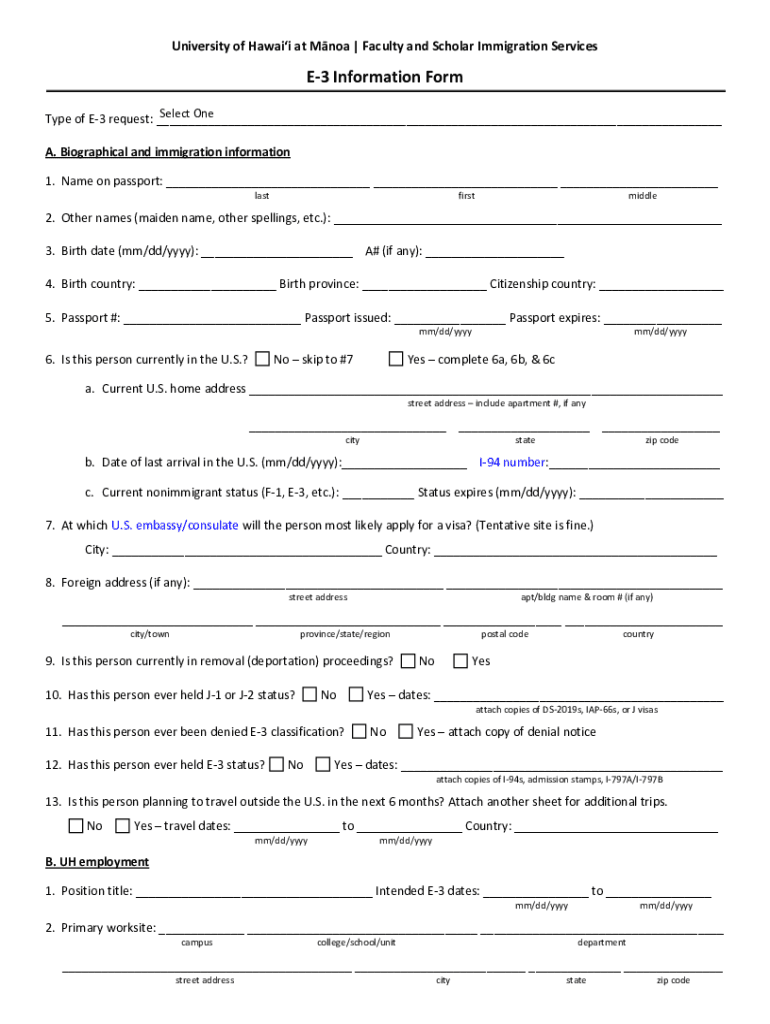 Fillable Online manoa hawaii E-3 Information Form - University of Hawaii at Manoa Fax Email ...