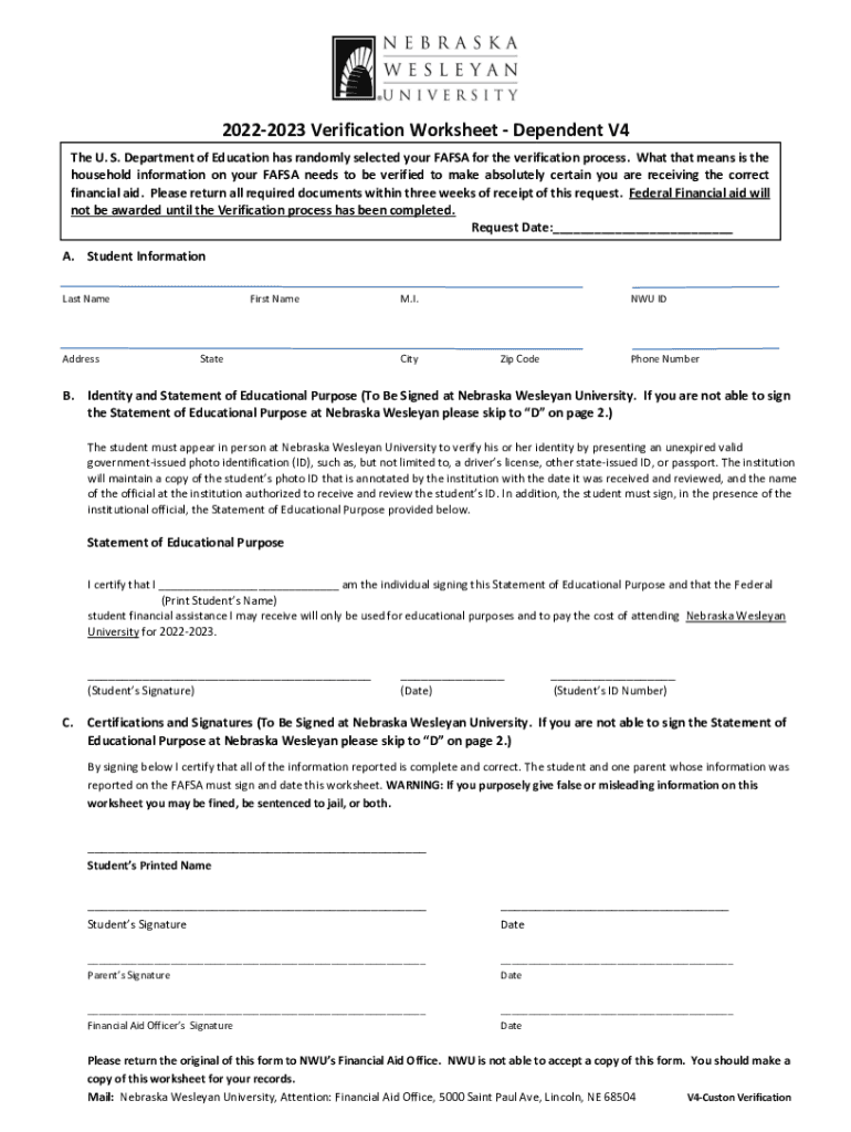 Fillable Online 2022-2023 Verification Worksheet - Dependent V4 Fax Email Print - pdfFiller
