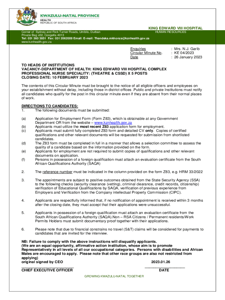 Fillable Online King Edward VIII Hospital - KZN Department of Health Fax Email Print - pdfFiller