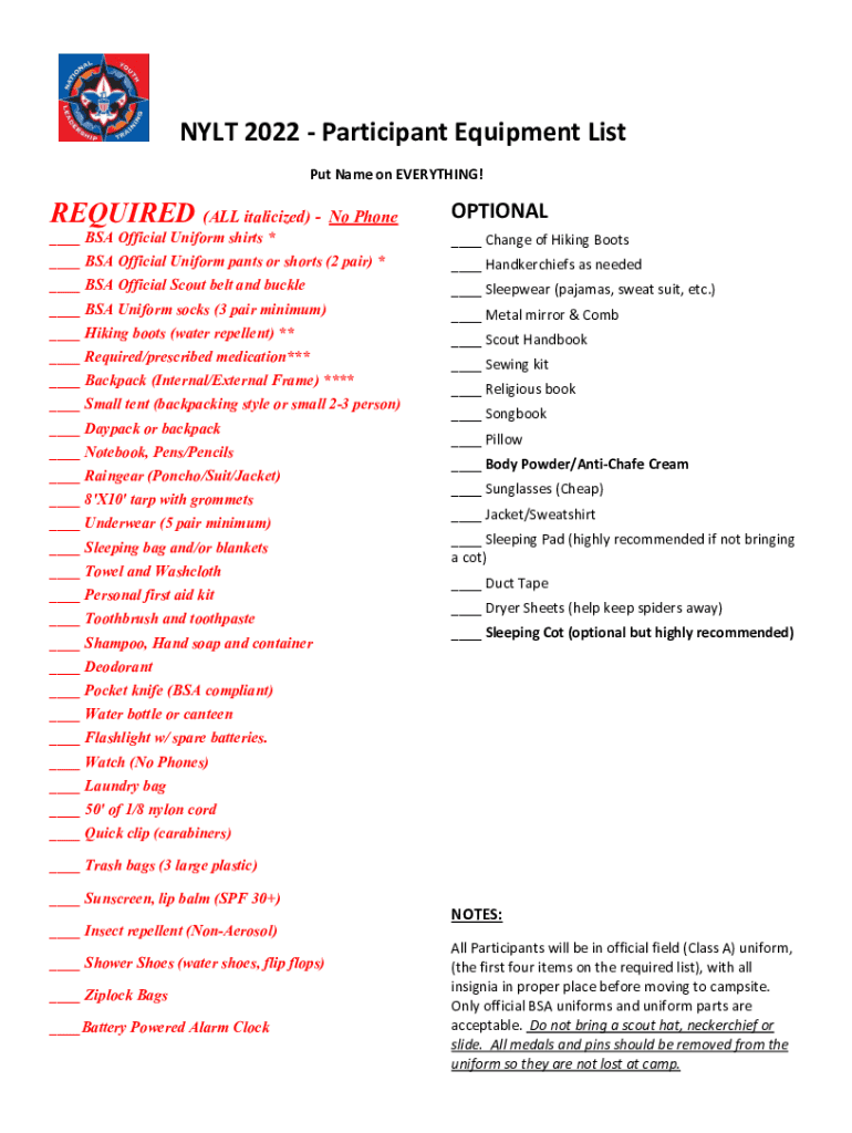 Fillable Online The Official uniform for NYLT is the current Scout ...