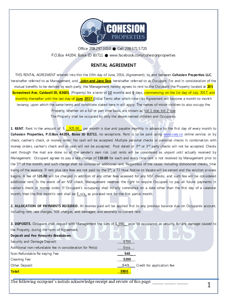 Fillable Online rental agreement - Cohesion Properties Fax Email Print - pdfFiller