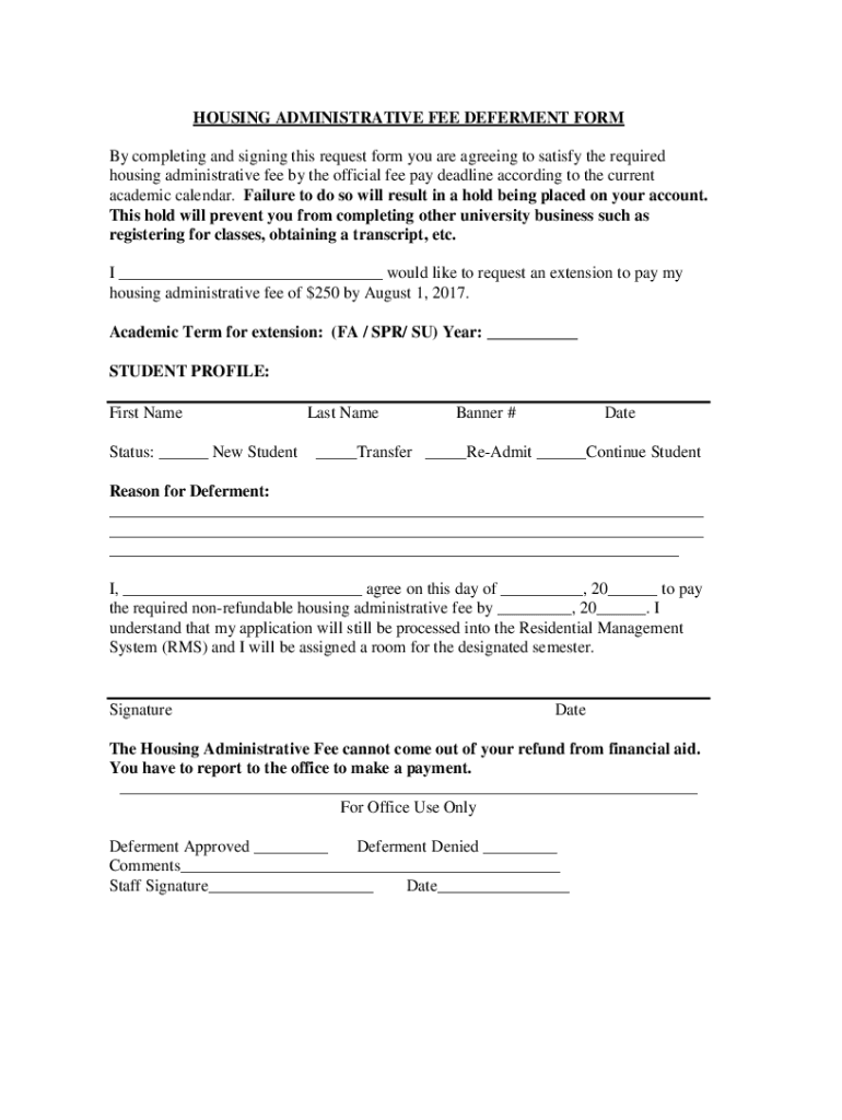 Fillable Online housing administrative fee deferment form Fax Email ...