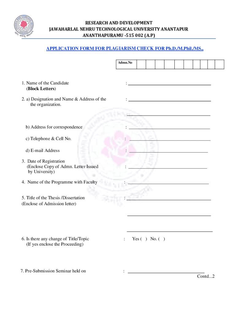 Fillable Online 515 002 (A.P) APPLICATION FORM FOR P - JNTUA Fax Email ...