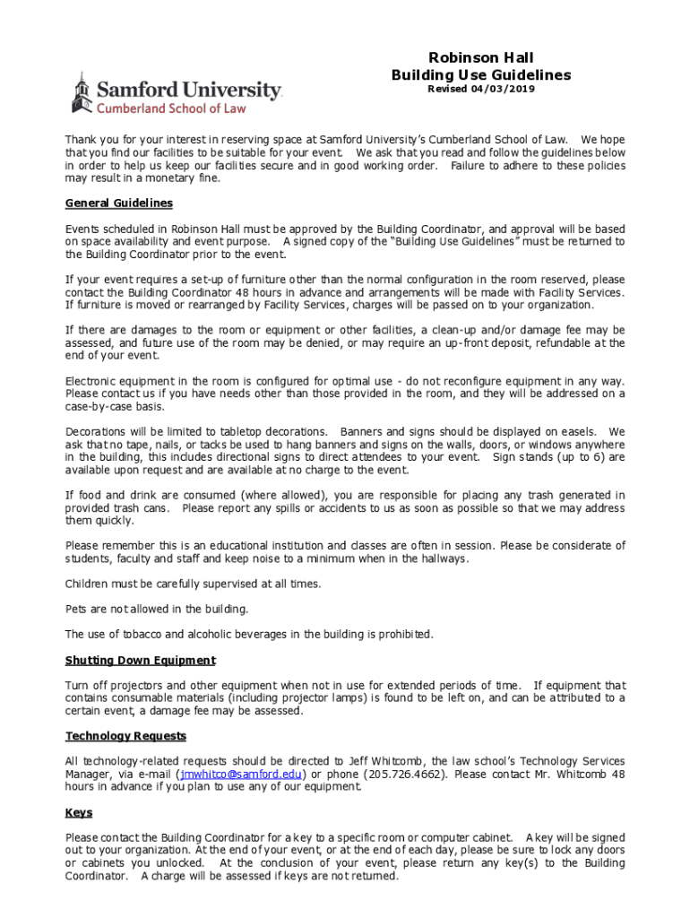 Fillable Online Robinson Hall Building Use Guidelines - Samford ...