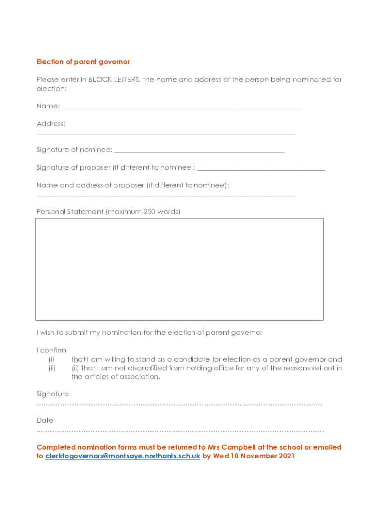 Fillable Online Nomination Form Election of parent governors Fax Email ...