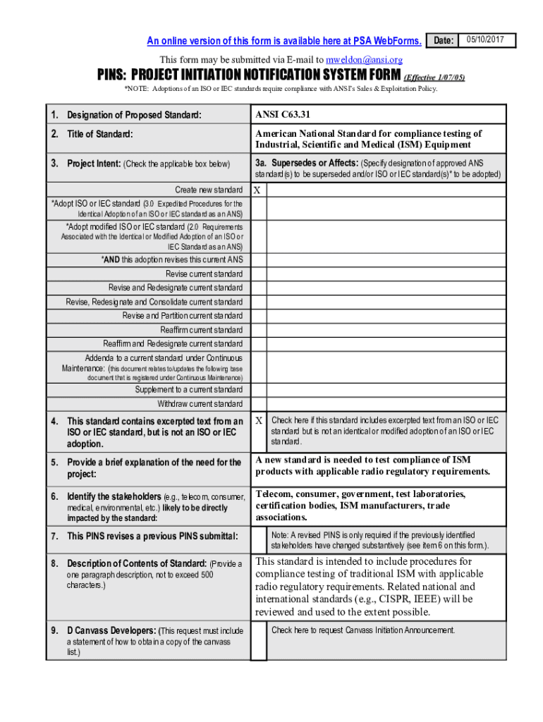 Fillable Online PINS: PROJECT INITIATION NOTIFICATION SYSTEM FORM (Effective 1/07/05) Fax Email ...