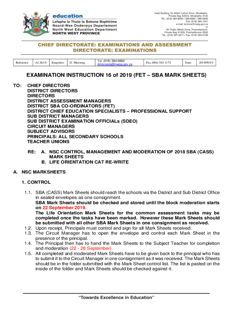Fillable Online SBA MARK SHEETS - North West Department of Education ...