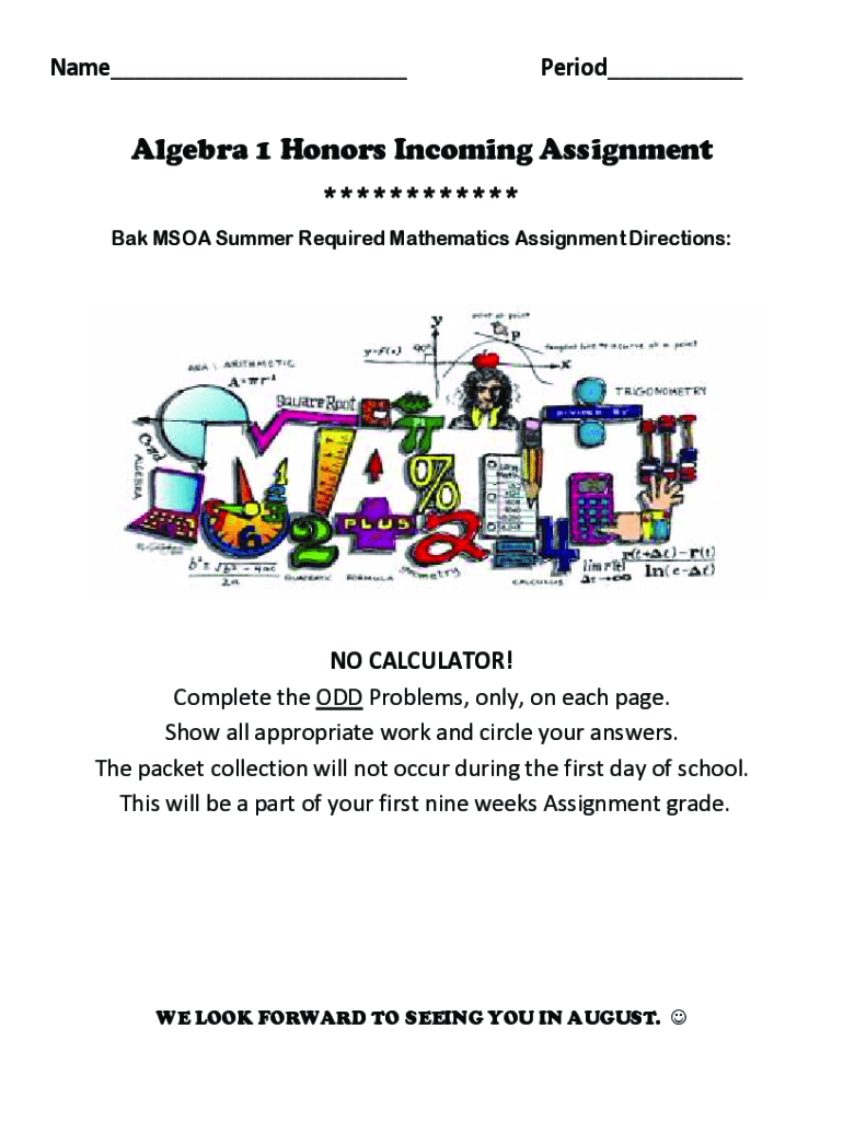 Fillable Online Algebra 1 Honors! This summer packet is for all ...