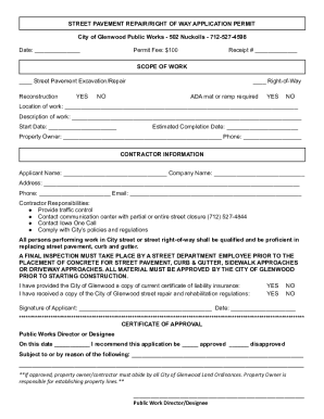 Fillable Online Street Pavement Repair/ROW Application Permit 2021 Fax ...