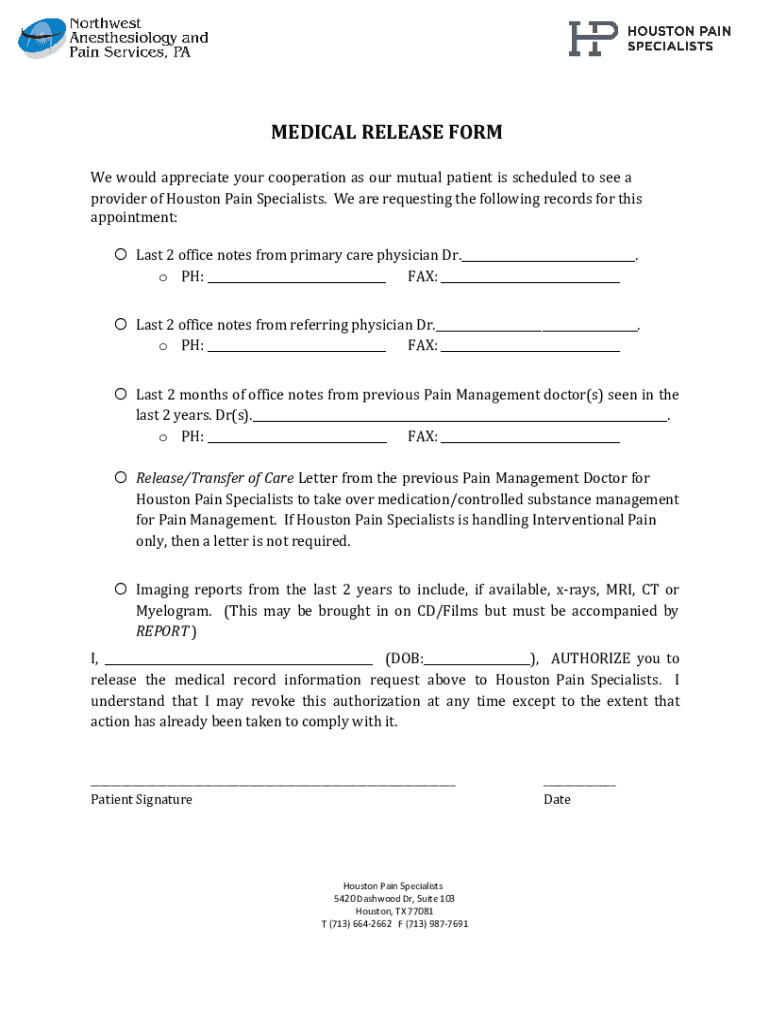 Fillable Online MEDICAL RELEASE FORM - PatientPop.com Fax Email Print - pdfFiller