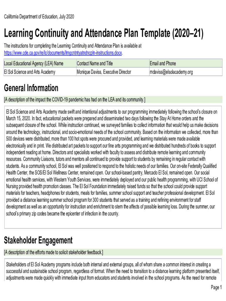 Fillable Online Learning Continuity Plan - El Sol Academy LT.docx Fax ...