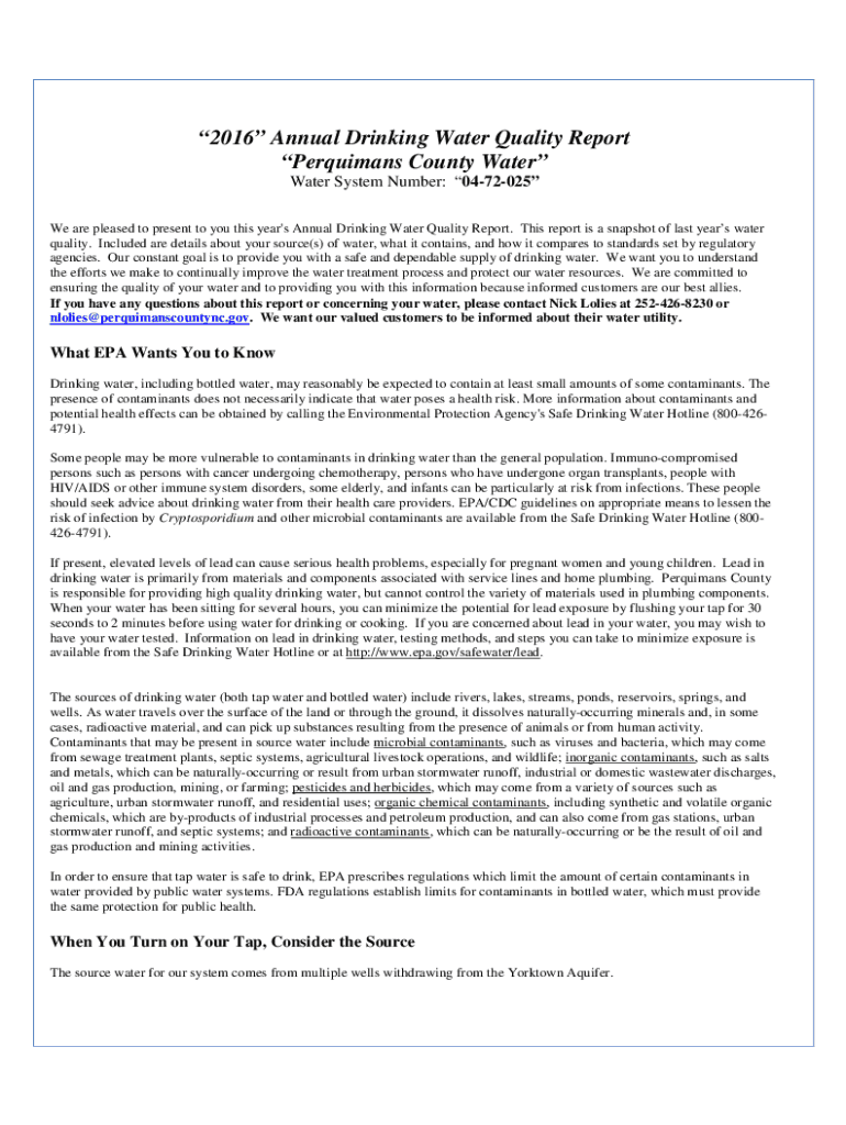 Fillable Online Annual Drinking Water Quality Reports - Perquimans ...