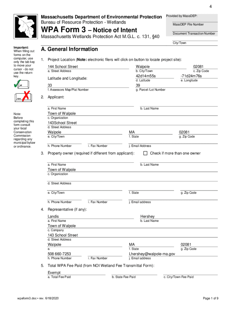 Fillable Online Notice of Intent 409 Crafts Street Newton, Massachusetts Fax Email Print - pdfFiller