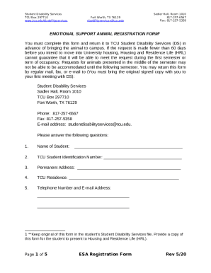 ESA Registration Rev 5/20 EMOTIONAL SUPPORT ... Doc Template | pdfFiller
