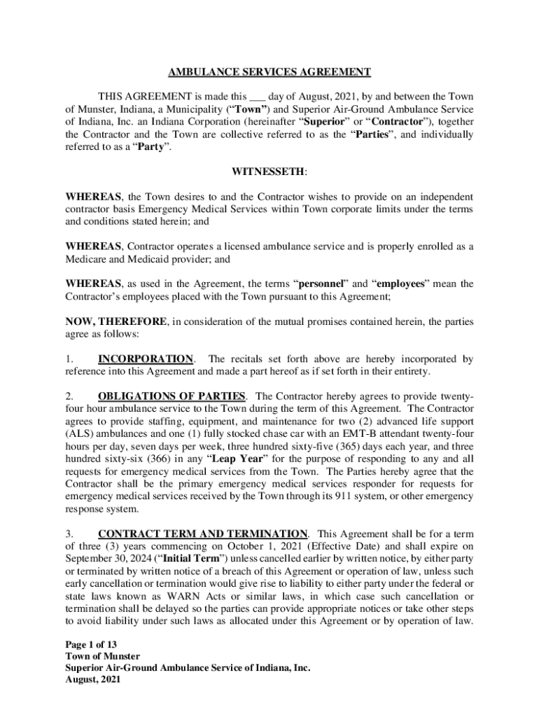Fillable Online ambulance services agreement - Town of Munster Indiana Fax Email Print - pdfFiller