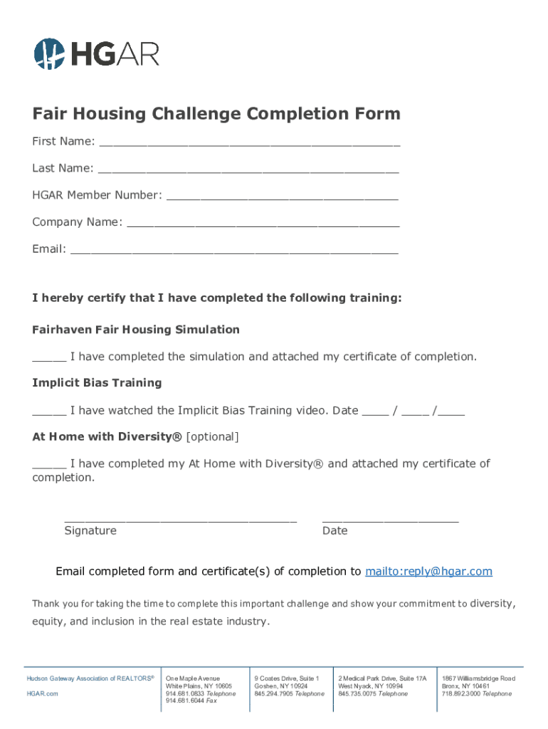 Fillable Online Fair Housing Challenge Completion FormHGAR Fax Email ...