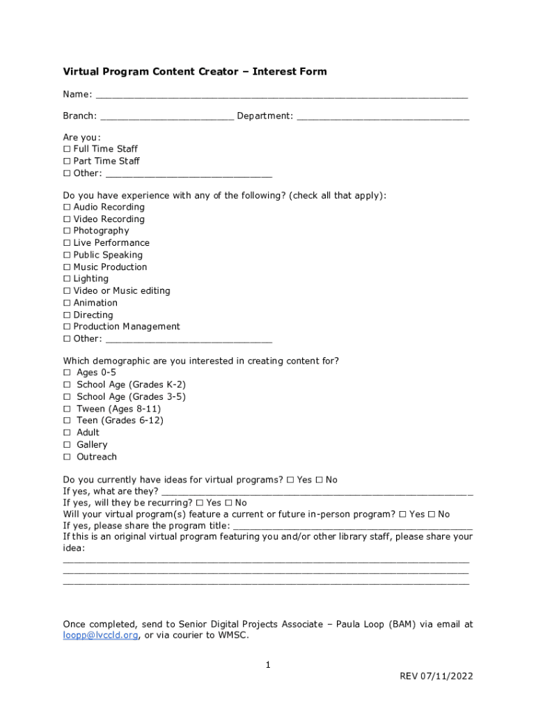 Fillable Online Virtual Program Content CreatorInterest Form Fax Email ...