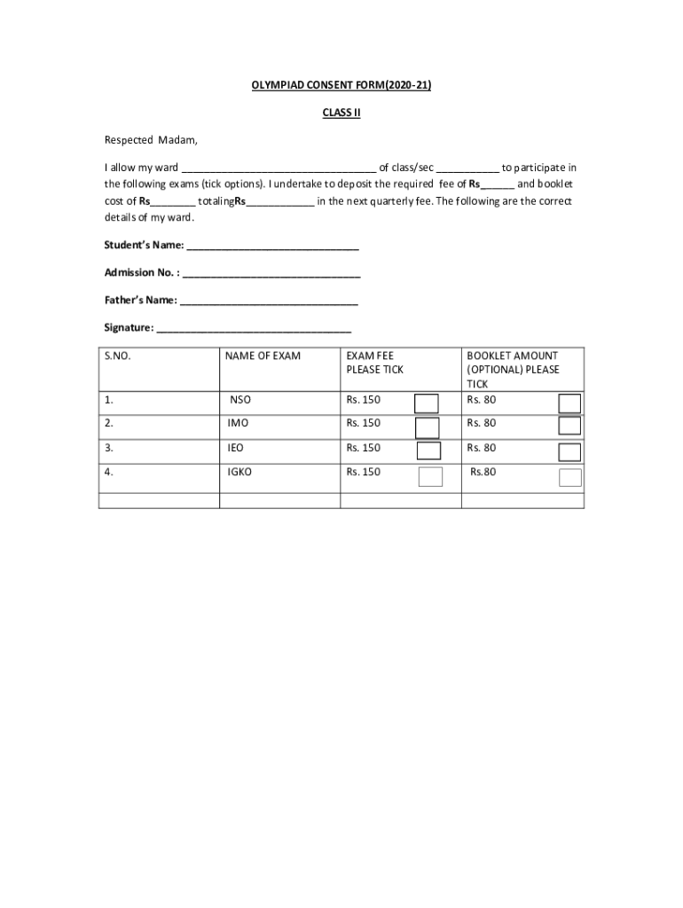 Fillable Online class ii-olympiad consent form - DPS Mathura Road Fax Email Print - pdfFiller