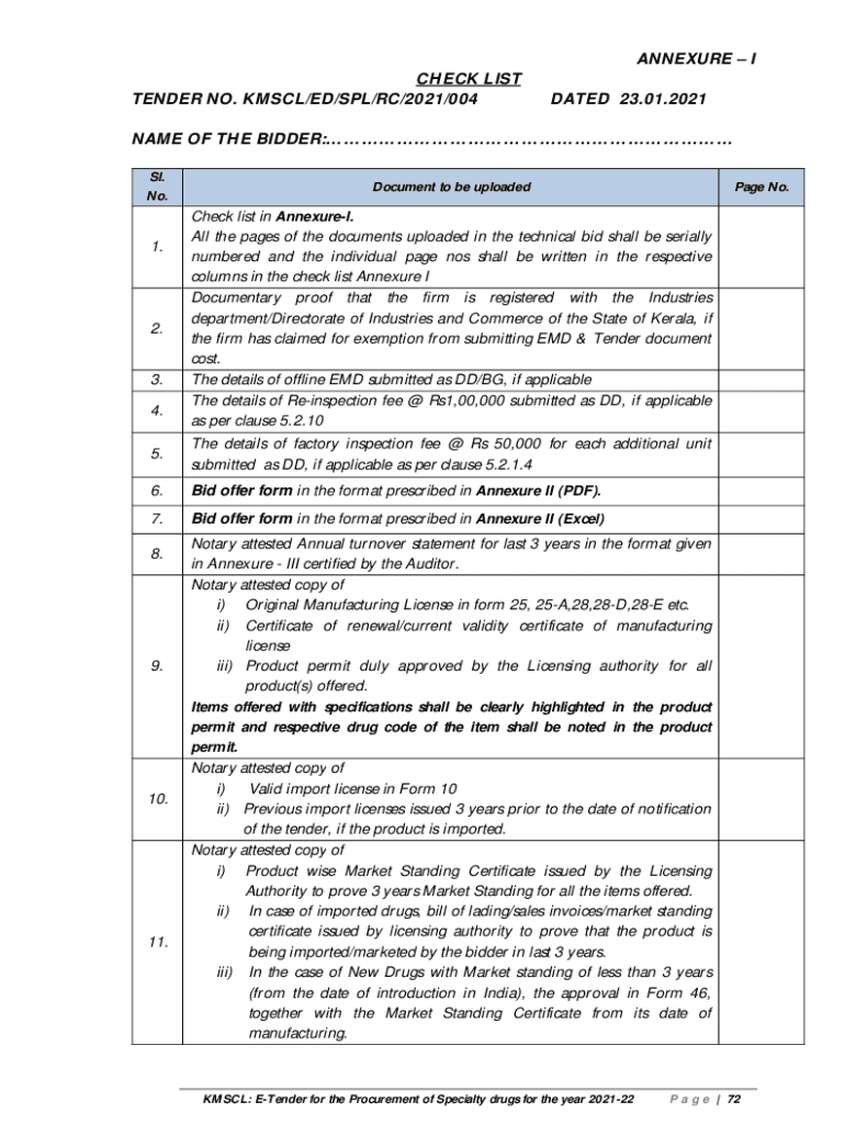 Fillable Online kmscl kerala gov AnnexureI Check List Tender No. KMSCL ...