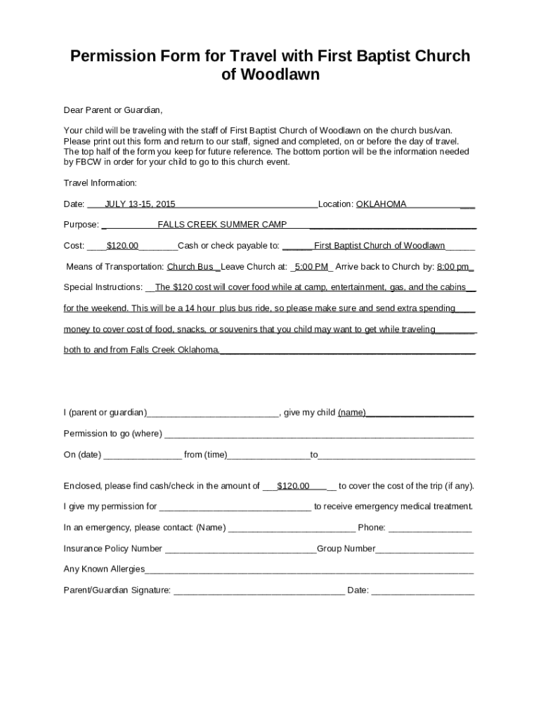 Permission for Travel with First Baptist Church of Woodlawn Doc ...