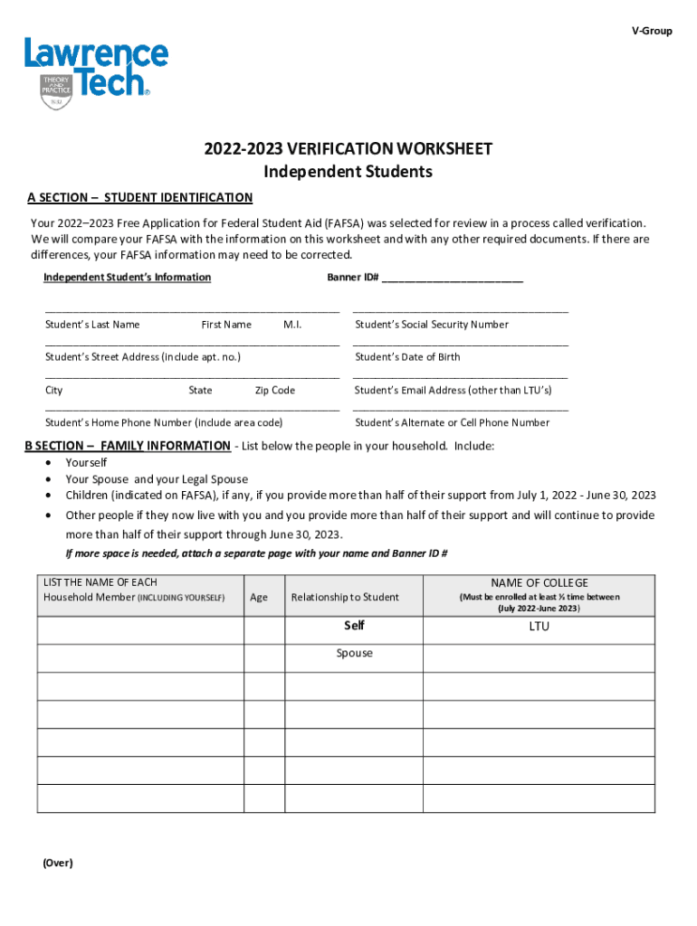 Fillable Online 2022-2023 VERIFICATION WORKSHEET Independent Students Fax Email Print - pdfFiller