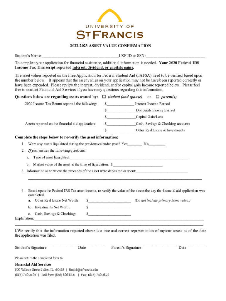 Fillable Online 2022-2023 asset value confirmation - University of St ...