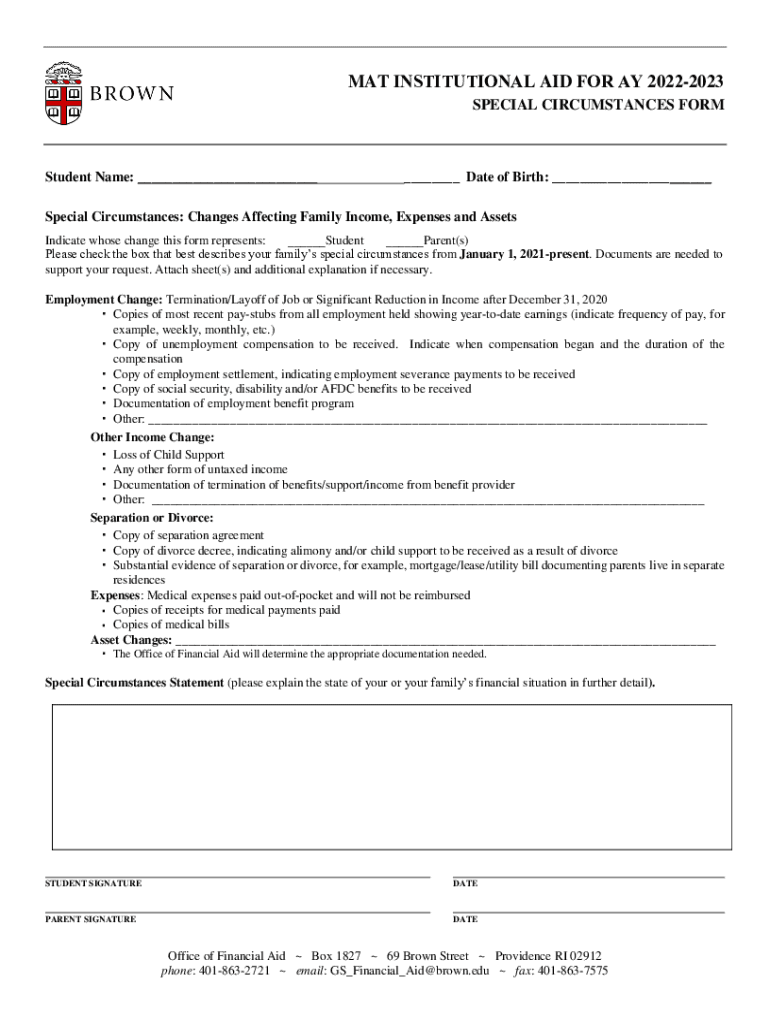Fillable Online 2022-2023 SPECIAL CIRCUMSTANCES REQUEST FORM Fax Email ...