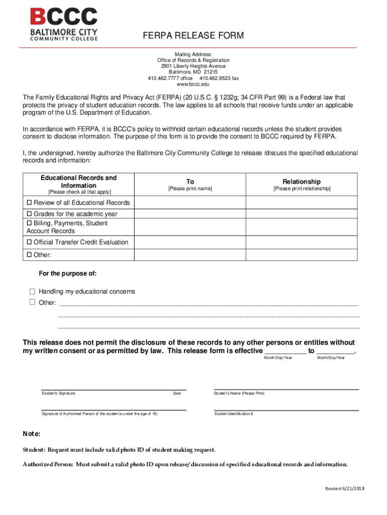 Fillable Online FERPA Consent To Release Form - Office of the Registrar Fax Email Print - pdfFiller