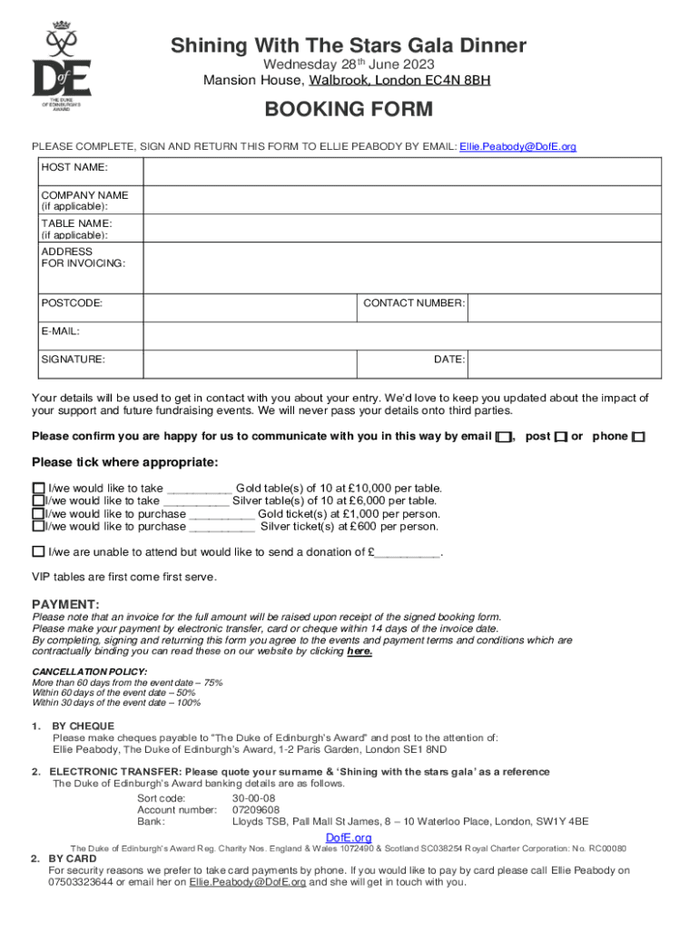 Fillable Online Shining With The Stars Gala Dinner BOOKING FORM - DofE ...
