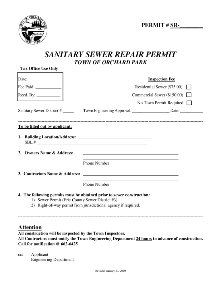Fillable Online Sanitary Sewer Repair Permit - - Town of Orchard Park ...
