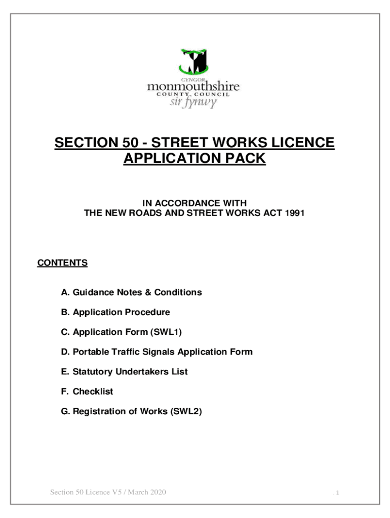 Fillable Online Section 50 street works licence guidance notes for ...