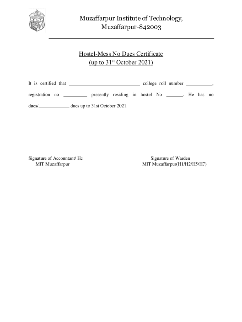 Fillable Online Hostel-Mess No Dues Certificate (up to 31 Fax Email Print - pdfFiller