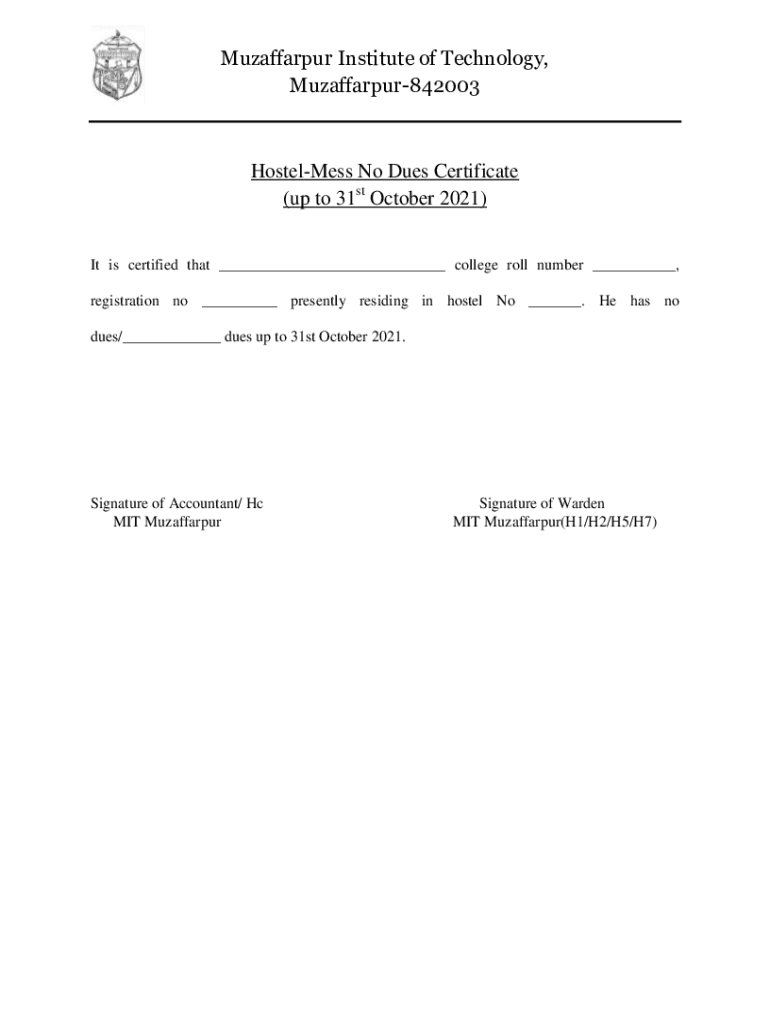 Fillable Online Hostel-Mess No Dues Certificate (up to 31st October ...
