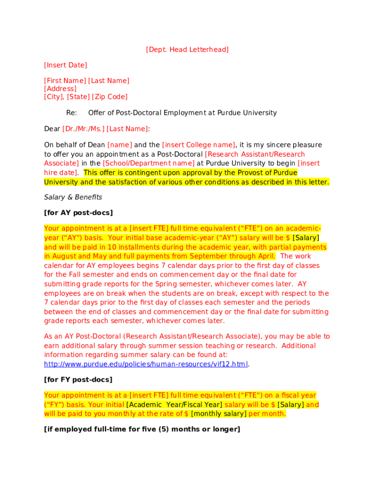 Post Doctoral Employee Offer Letter Doc Template | pdfFiller