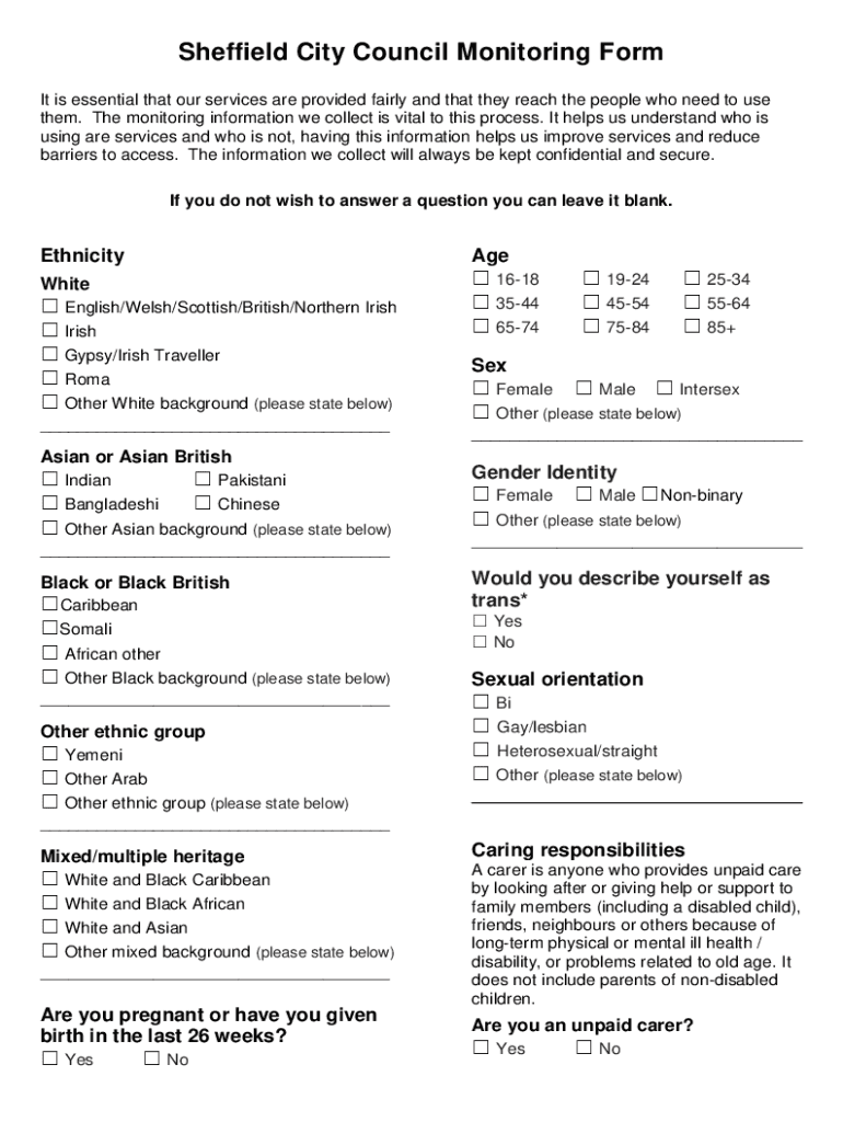 Fillable Online Sheffield City Council Equalities Monitoring Form. Fill ...