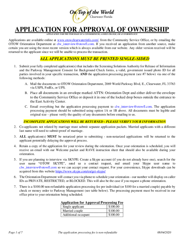 Fillable Online APPLICATION FOR APPROVAL OF OWNERSHIP - On Top of the ...