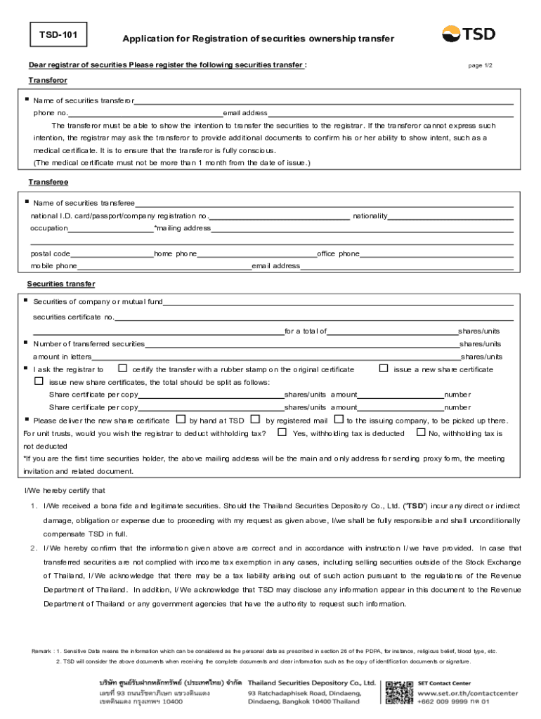 Fillable Online TSD-101 Application for Registration of securities ...