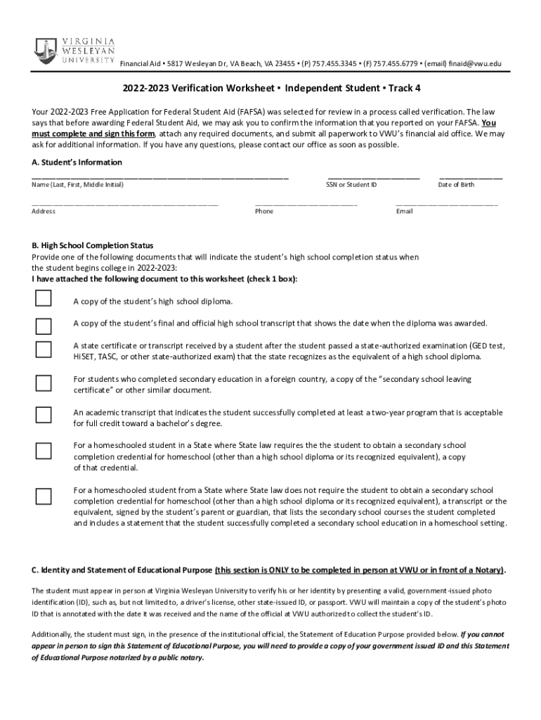Fillable Online 2022-2023 Verification Worksheet Independent Student Track 4 Fax Email Print ...