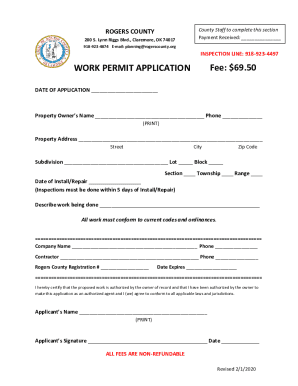 Fillable Online WORK PERMIT APPLICATION Fee: $69.50 - Rogers County Fax ...