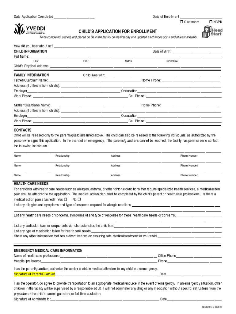 Fillable Online YVEDDI Head Start Application Process Fax Email Print ...