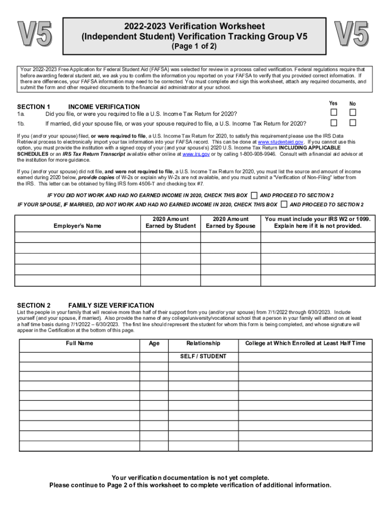 Fillable Online 2022-2023 Verification Worksheet Indep V5 - EducationMUSC Fax Email Print ...