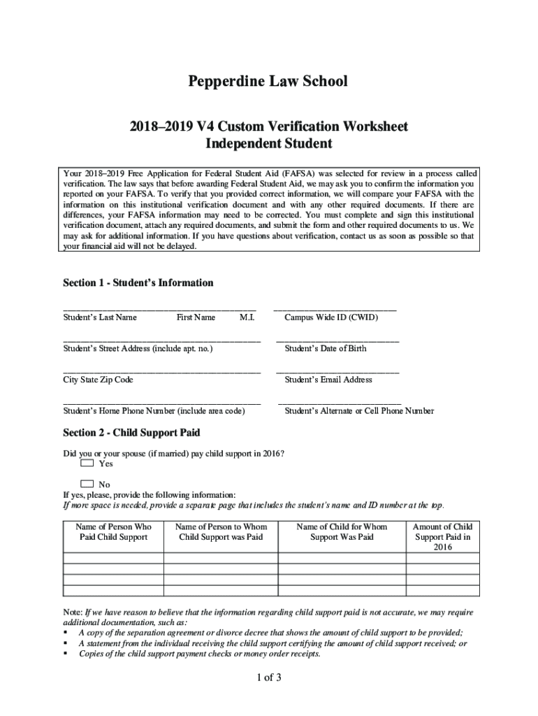 Fillable Online law pepperdine 20182019 V1 Standard Verification Worksheet Independent ... Fax ...