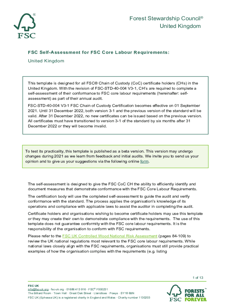 Fillable Online National self-assessment template (FSC Core Labour ...