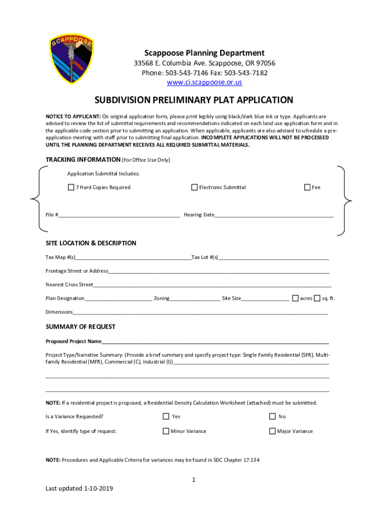 Fillable Online Subdivision Preliminary Plat Applicationupdated 1-10-19 ...