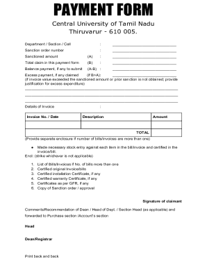 Fillable Online PAYMENT FORMCentral University of Tamil Nadu Fax Email ...