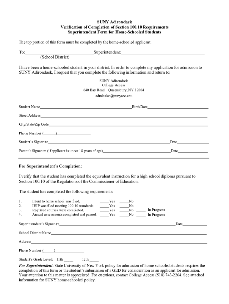 Fillable Online SUNY Adirondack Superintendent Form for Home-Schooled Students Fax Email Print ...